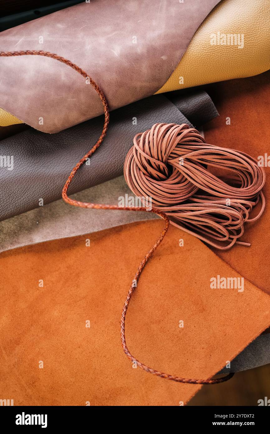 leather set and leather cord in brown color. Leather wallpaper.Genuine ...