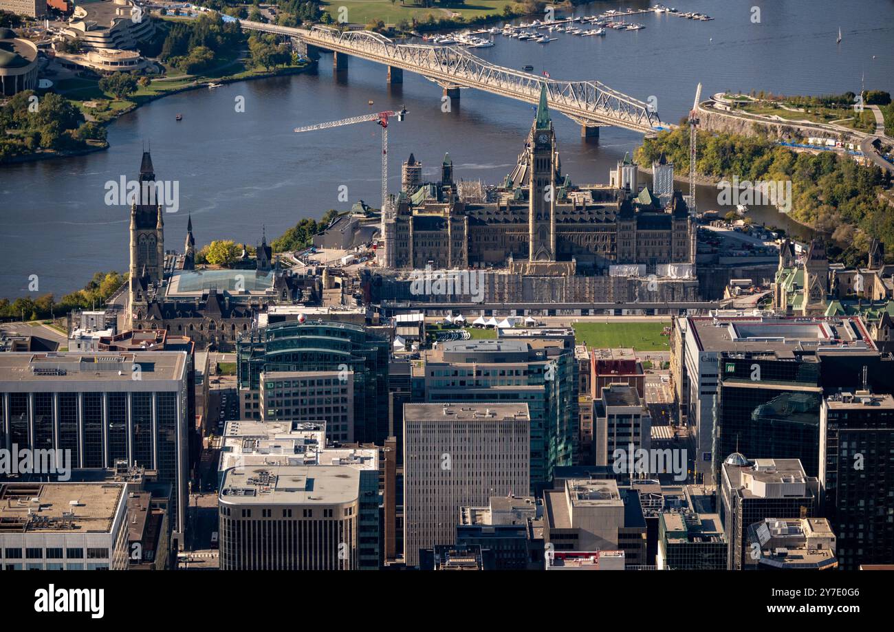 Aerial view of the Parliament of Canada, Wellington Street, the House ...