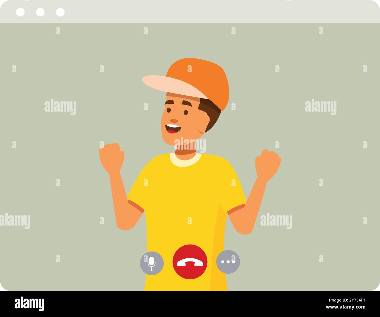 Cheerful teenager wearing a baseball cap is making a video call and ...