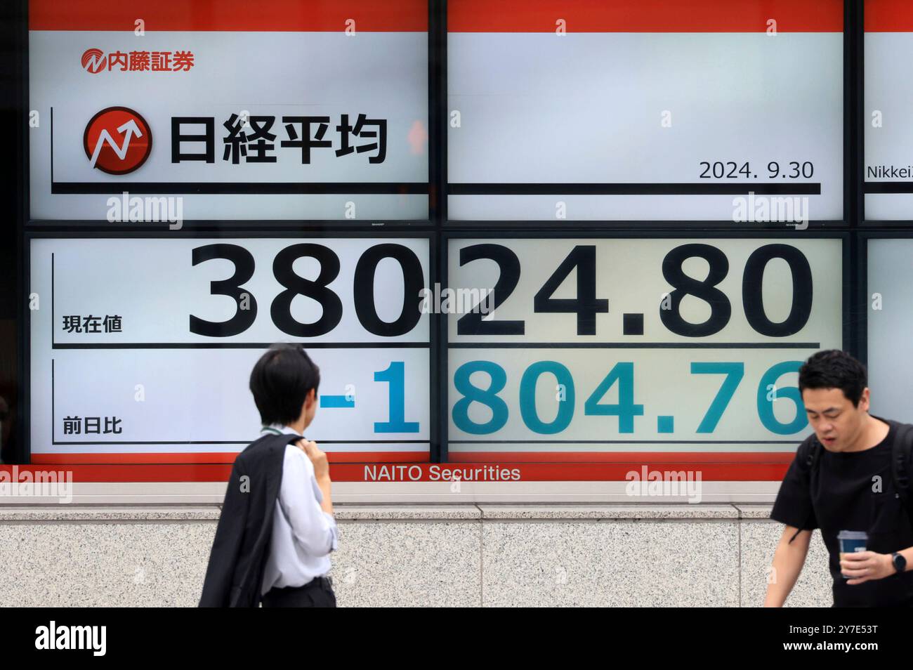 A monitor shows the price of Nikkei Stock Average in Tokyo on September ...