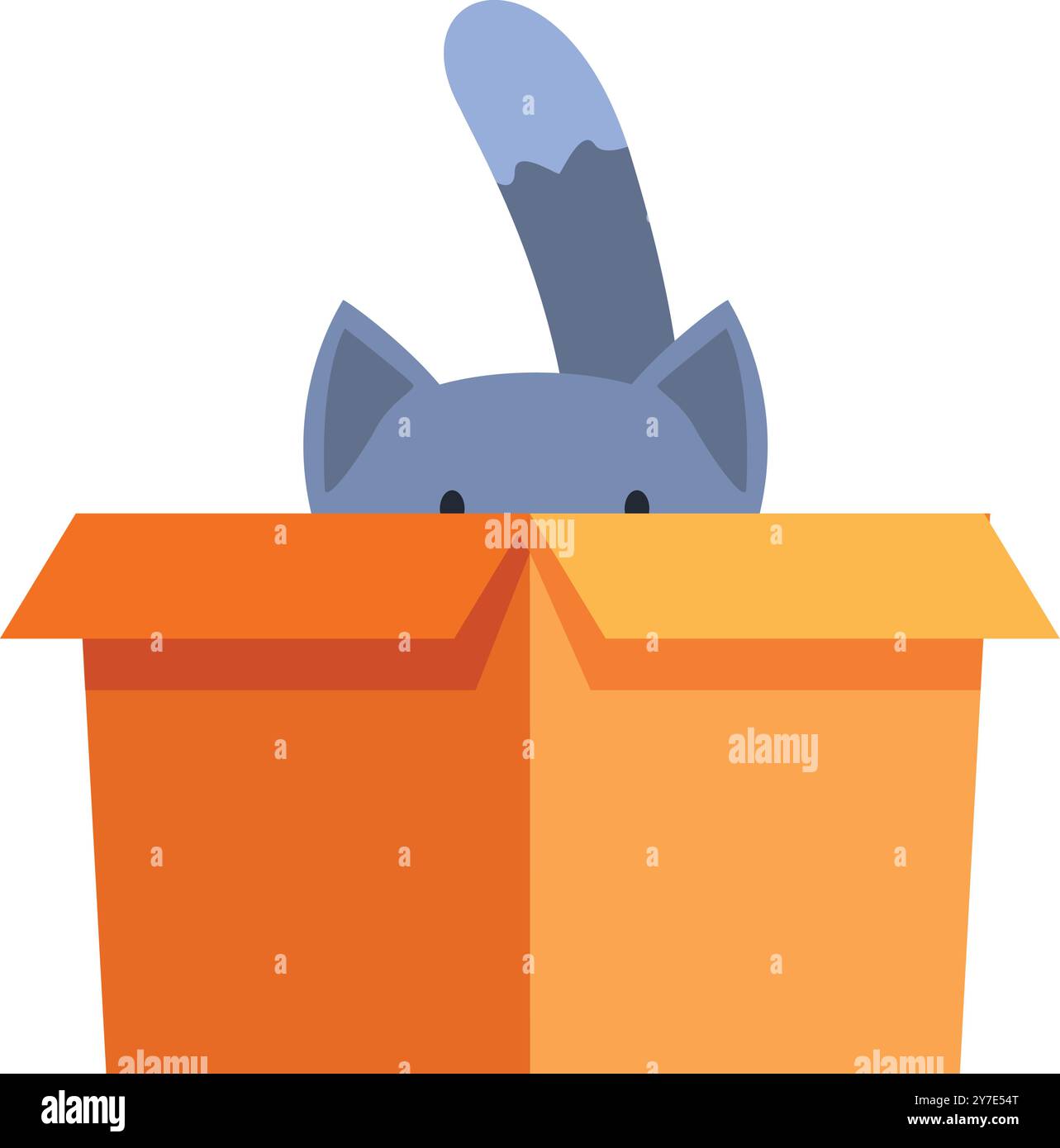 Cute cartoon cat is peeking out from a cardboard box with its tail ...