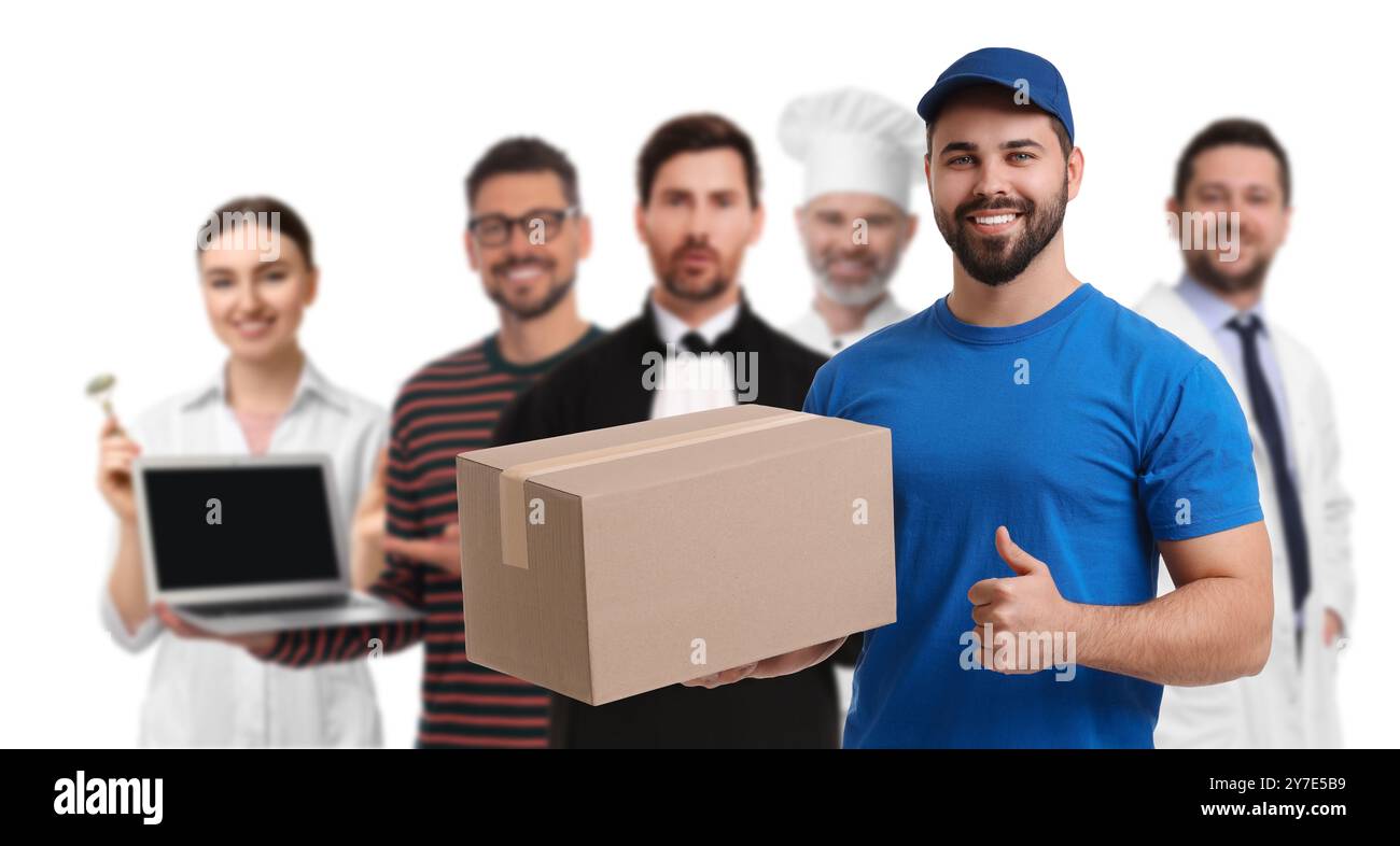 Deliveryman and people of other professions on white background ...