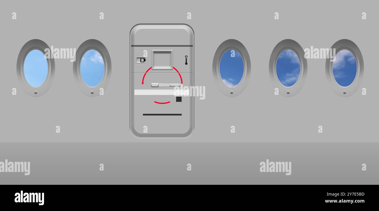 Beautiful sky with clouds, view through airplane windows in grey ...