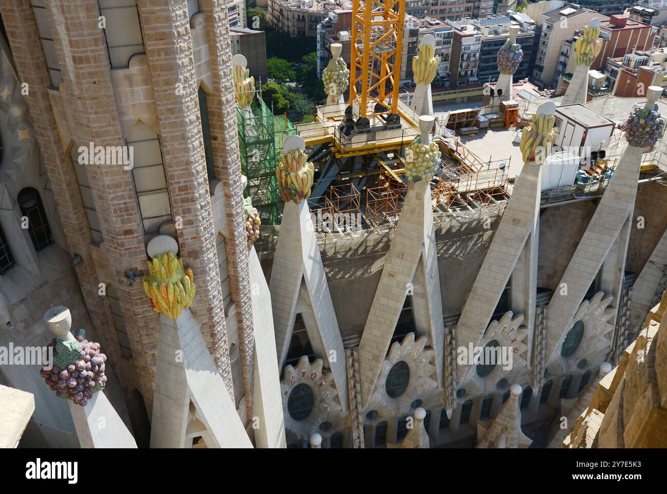 Colorful decorations on the top of the Passion tower at the Sagrada ...