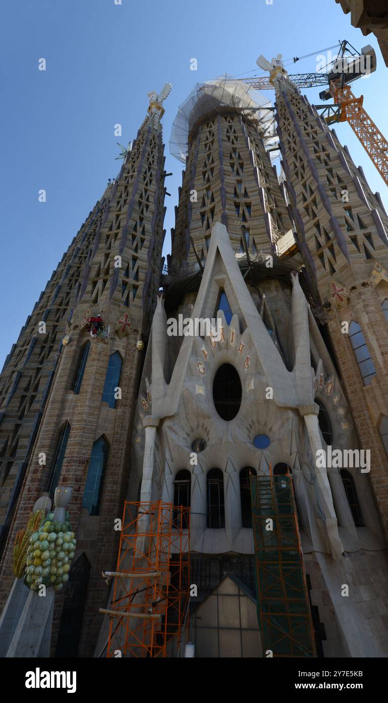 Colorful decorations on the top of the Passion tower at the Sagrada ...