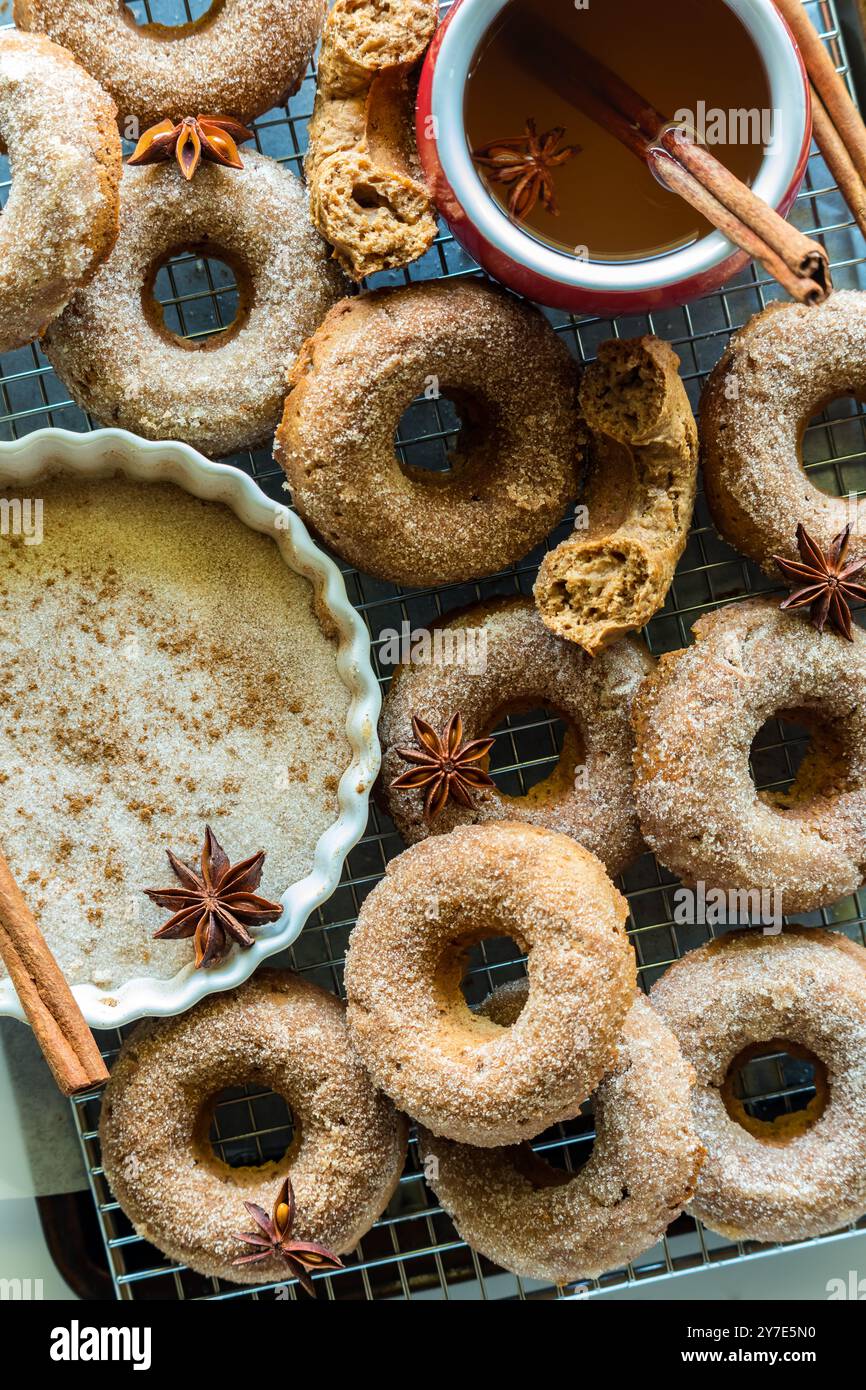 Delicious homemade doughnuts with cinnamon sugar, served with hot apple ...