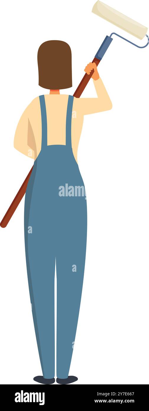 Back view of a woman painter holding a paint roller, concept of home ...