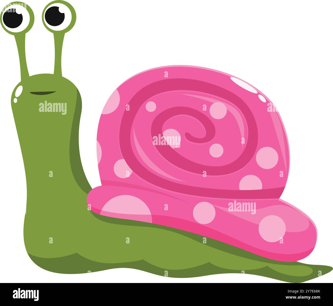 Cute cartoon snail with a pink shell with white dots is sliding along ...