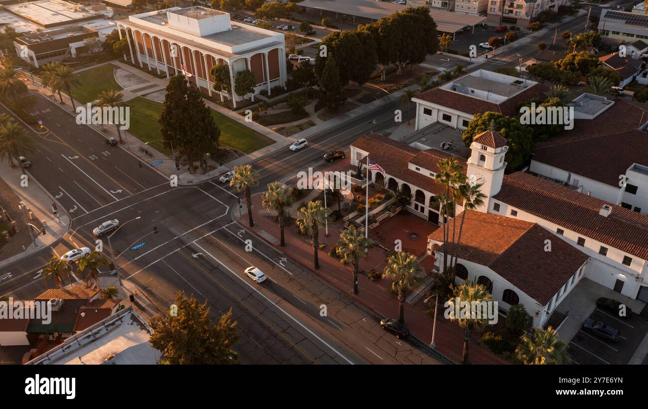 Sunset light shines on the historic downtown City Hall of Fullerton ...