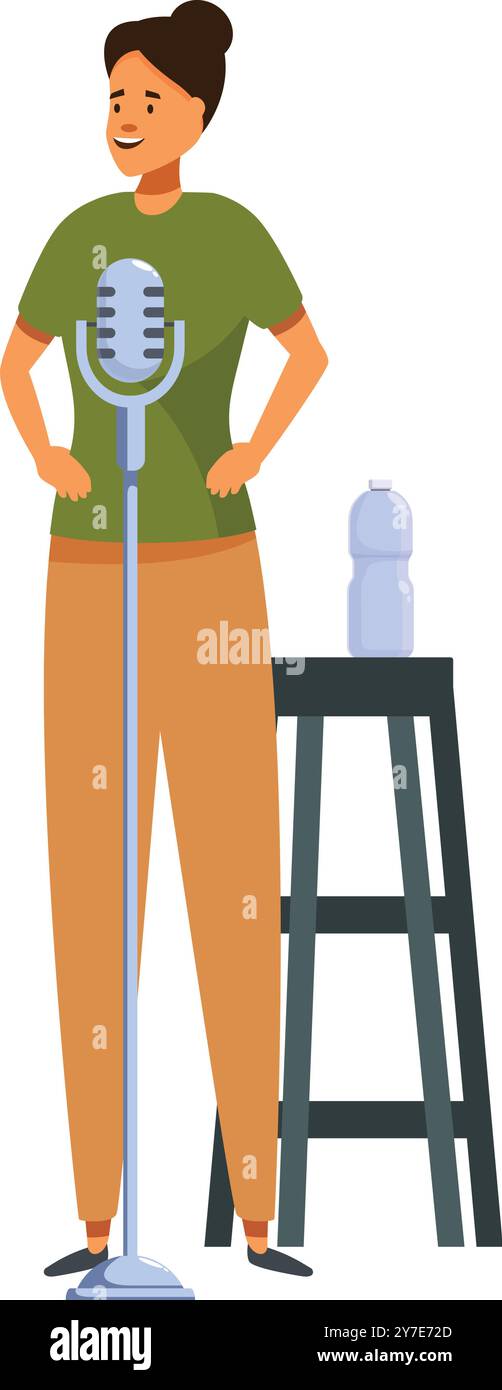 Confident female stand up comedian performing on stage with microphone ...