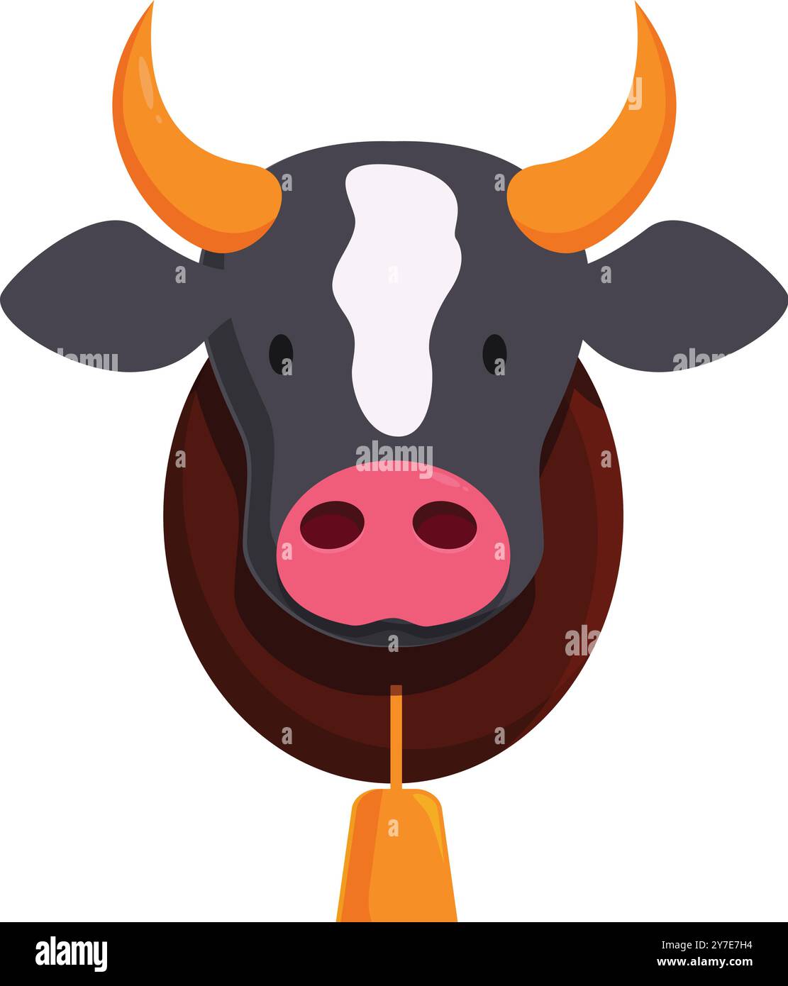 Cartoon cow head with bell hanging on wooden plaque, farm animal head ...