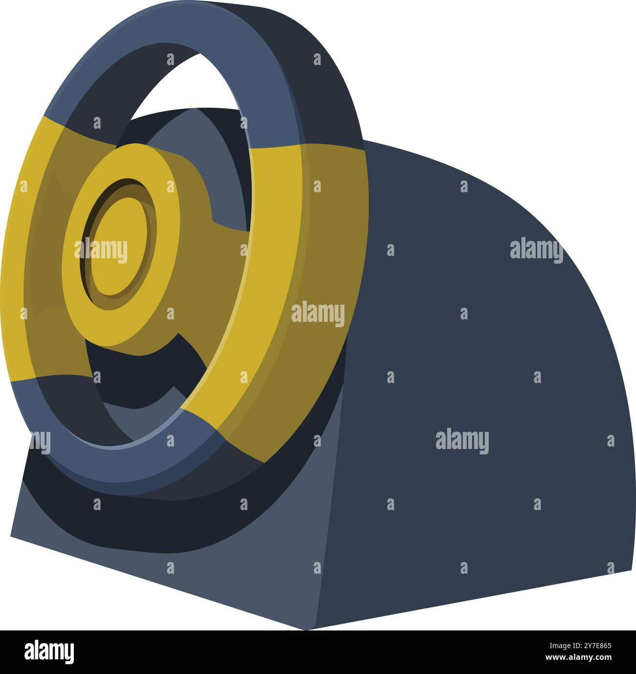 Blue and yellow steering wheel is attached to a base, creating a ...