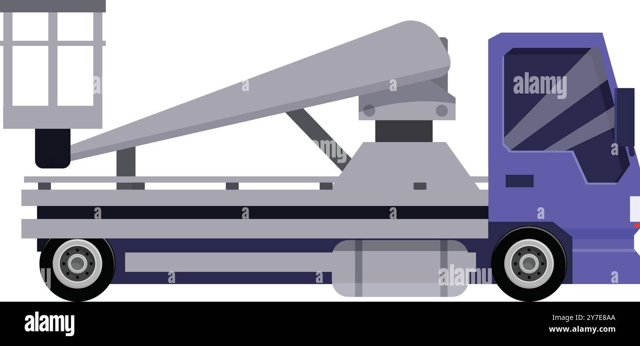 Side view of an airport ladder truck parked on the runway with the ...
