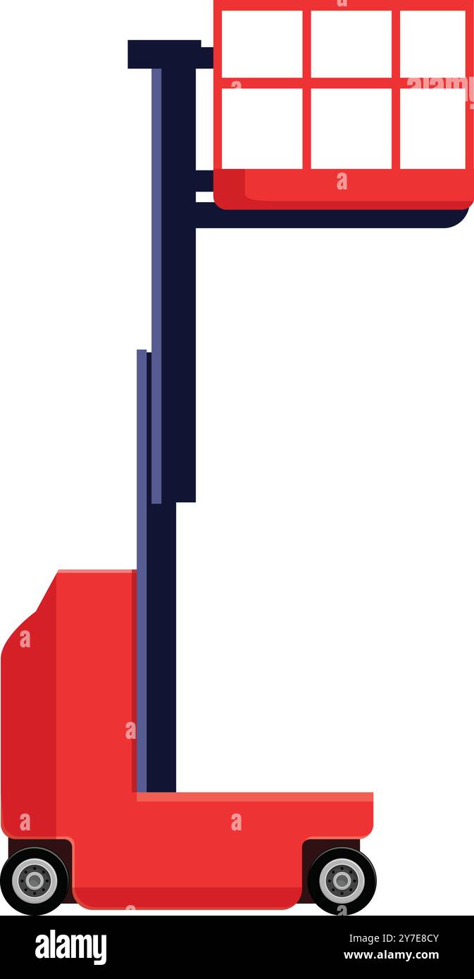 Red telescopic handler with empty cabin is lifting cargo on white ...