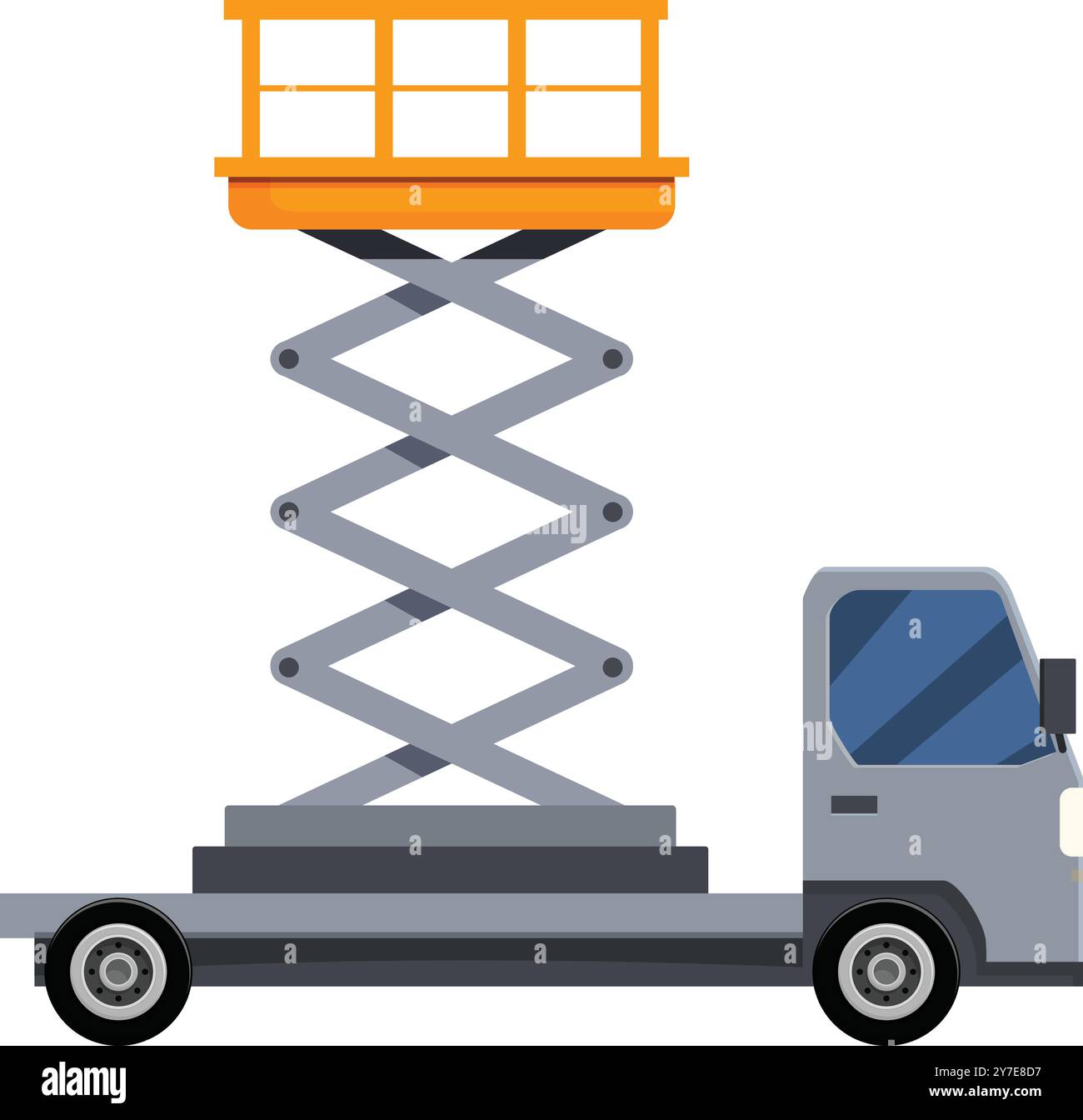 Side view of a scissor lift truck parked with its platform raised ...