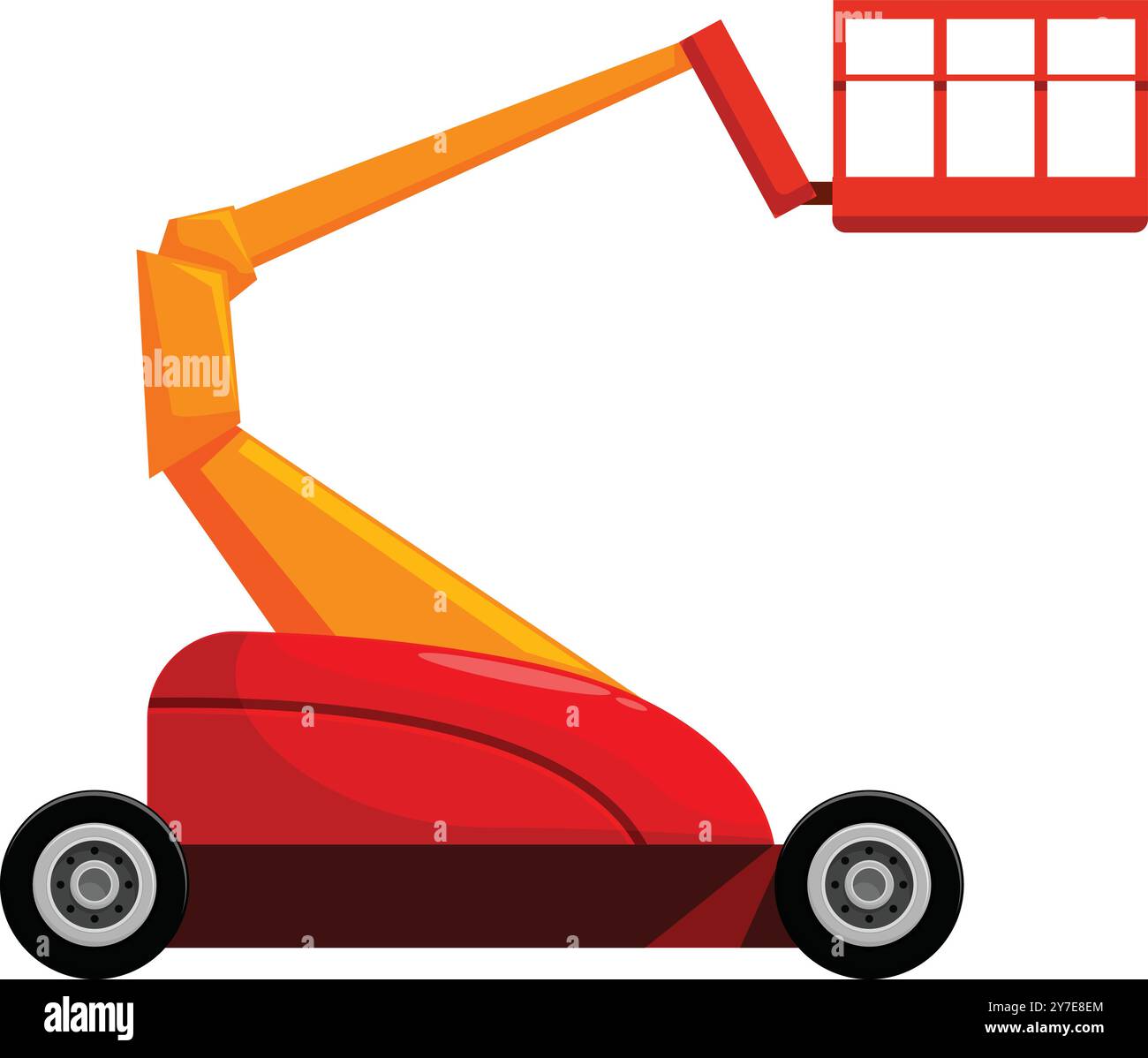 Red and yellow telescopic boom lift with empty operator platform ...