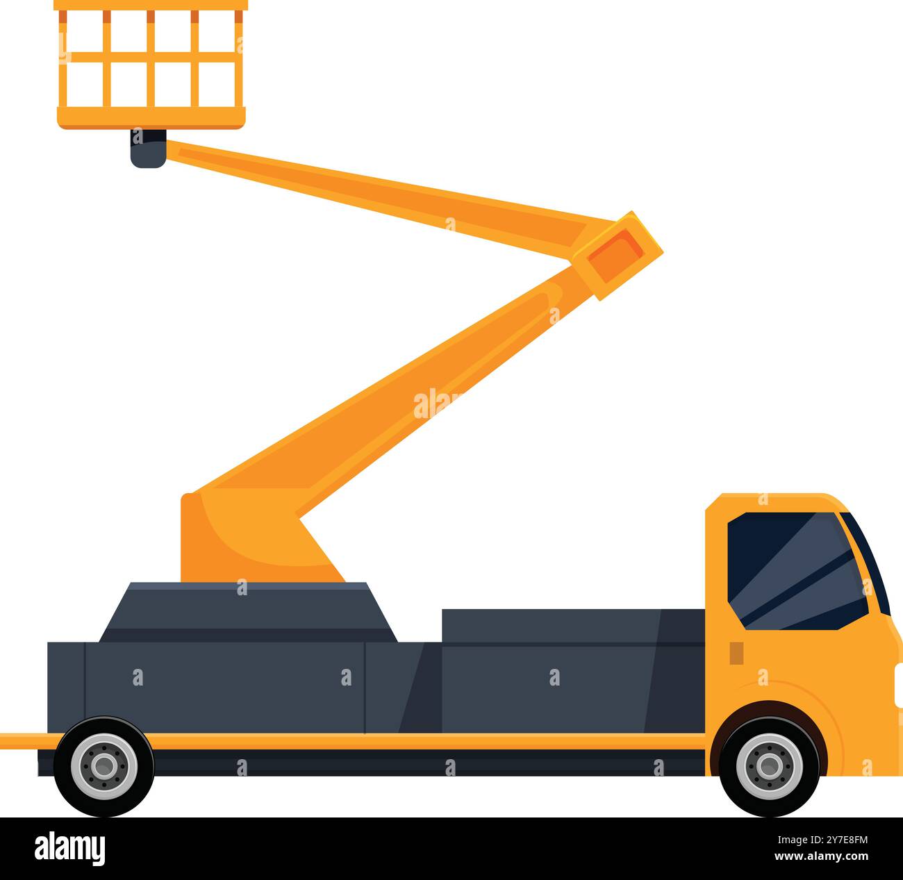 Yellow cherry picker truck lifting construction cradle platform ...