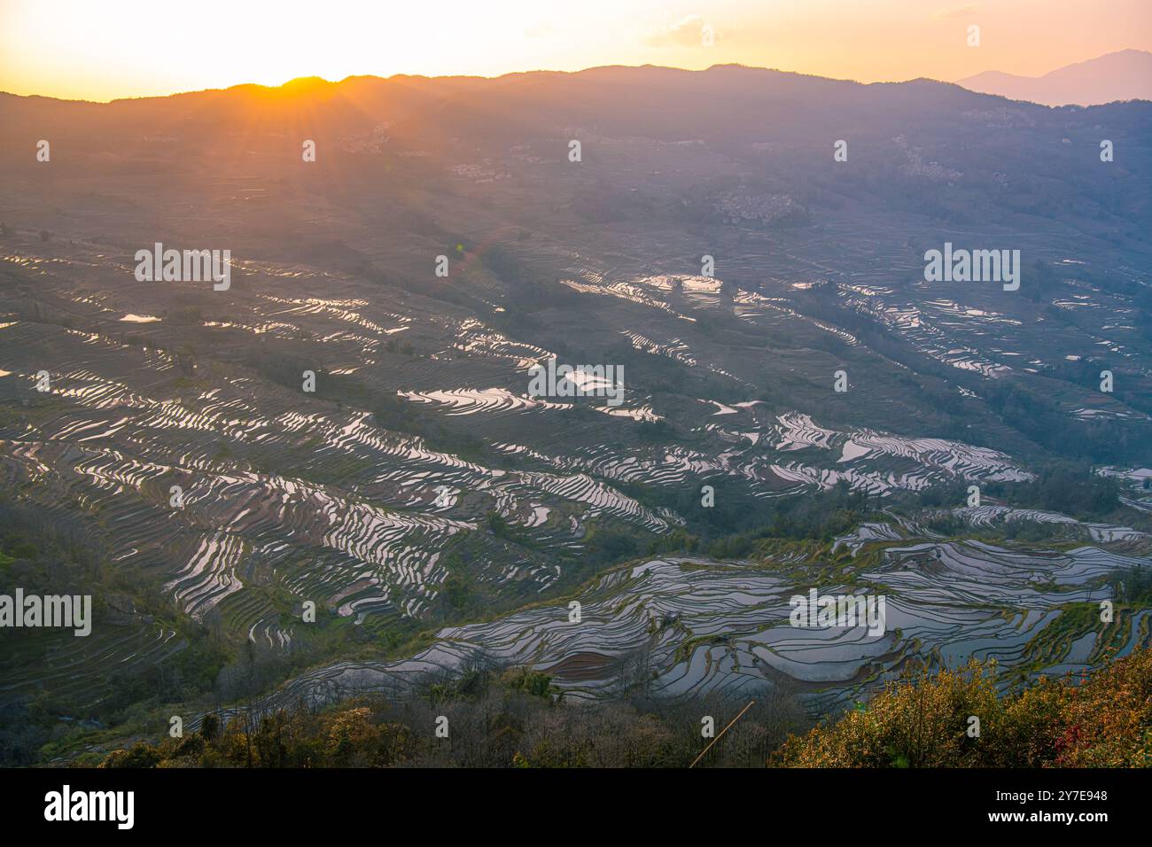 Abstract shot of Bada rice terraces filled with water, Yuanyang, Yunnan ...