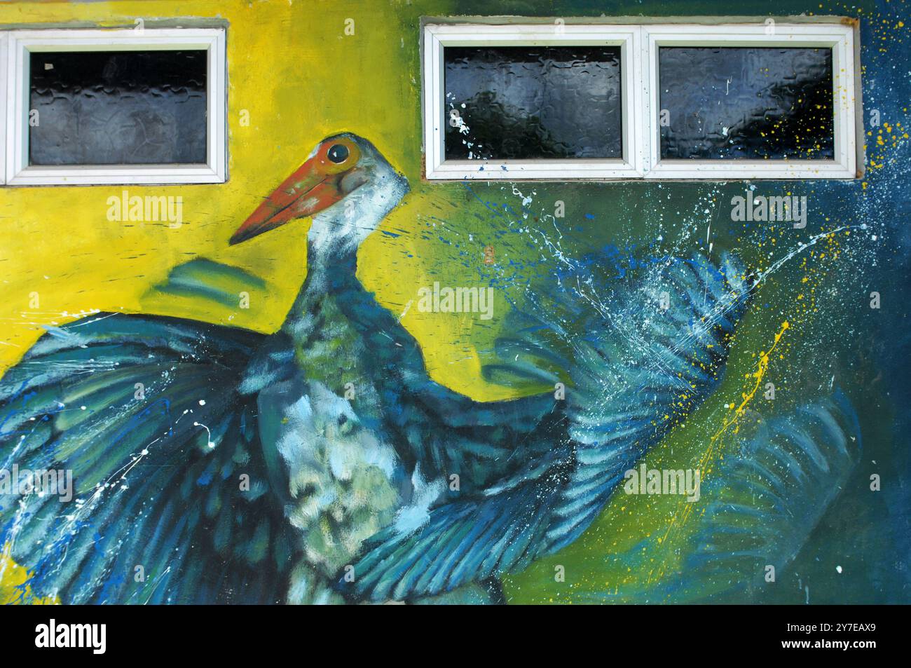 Storm Stork painted mural, Kinabatangan, Sabah, Malaysia Stock Photo ...