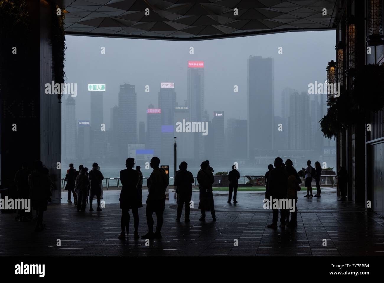 Typhoon rain storm Hong Kong, during a signal 8 warning looking over ...
