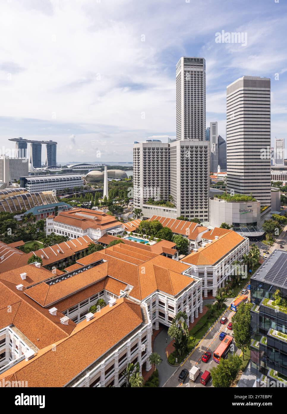 Aerial view of Raffles Hotel, Singapore with Raffles City and Marina ...