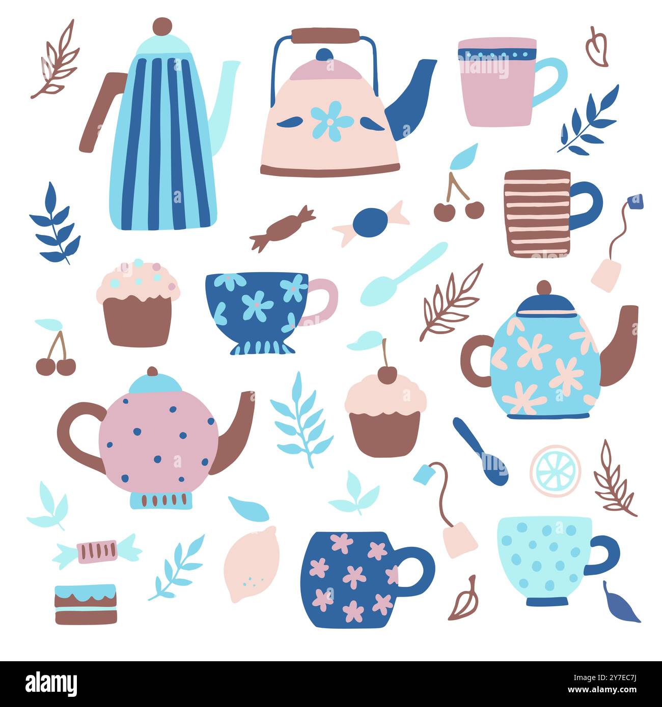 Set of cute vintage tea cups, teapots and kettles. Hand drawn vector ...