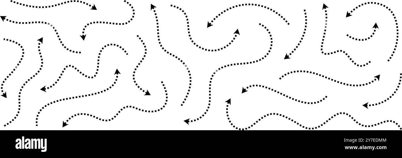 Black dotted thin arrows set. Wavy and curved dashed pointers ...