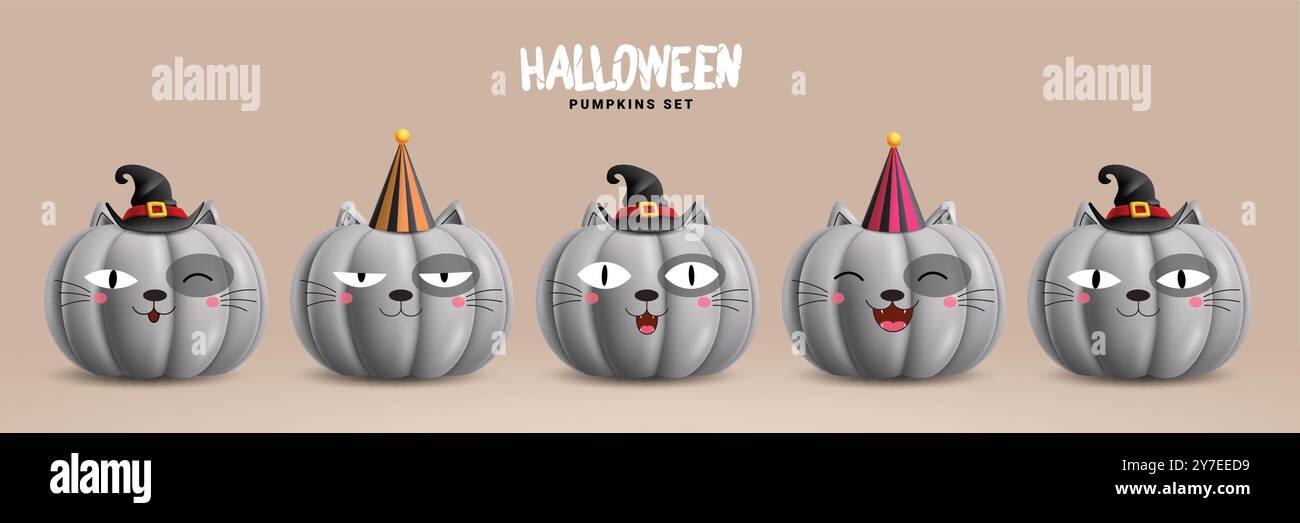 Halloween gray pumpkins vector set design. Pumpkins gray cat characters ...