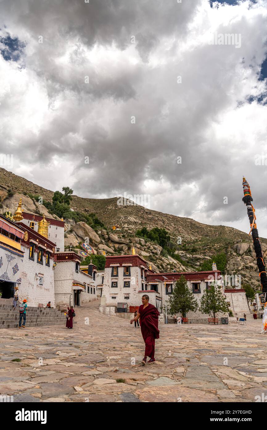 LHASA, TIBET, China - MAY 1, 2022: Architecture of white temples in Sera Monastery located in ...