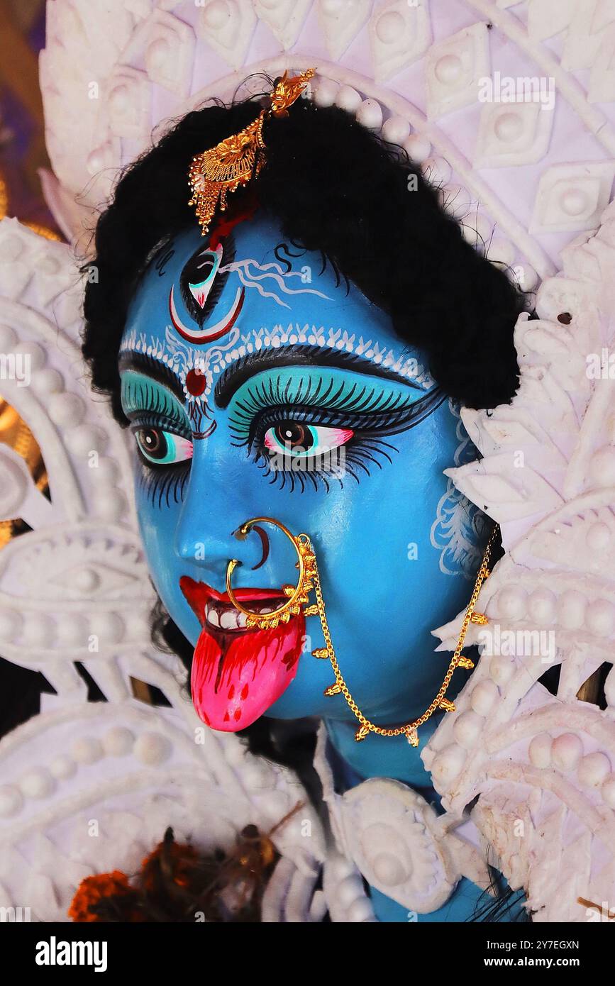 happy kali puja and diwali, idol of hindu goddess maa kali at puja pandal in west bengal, india ...