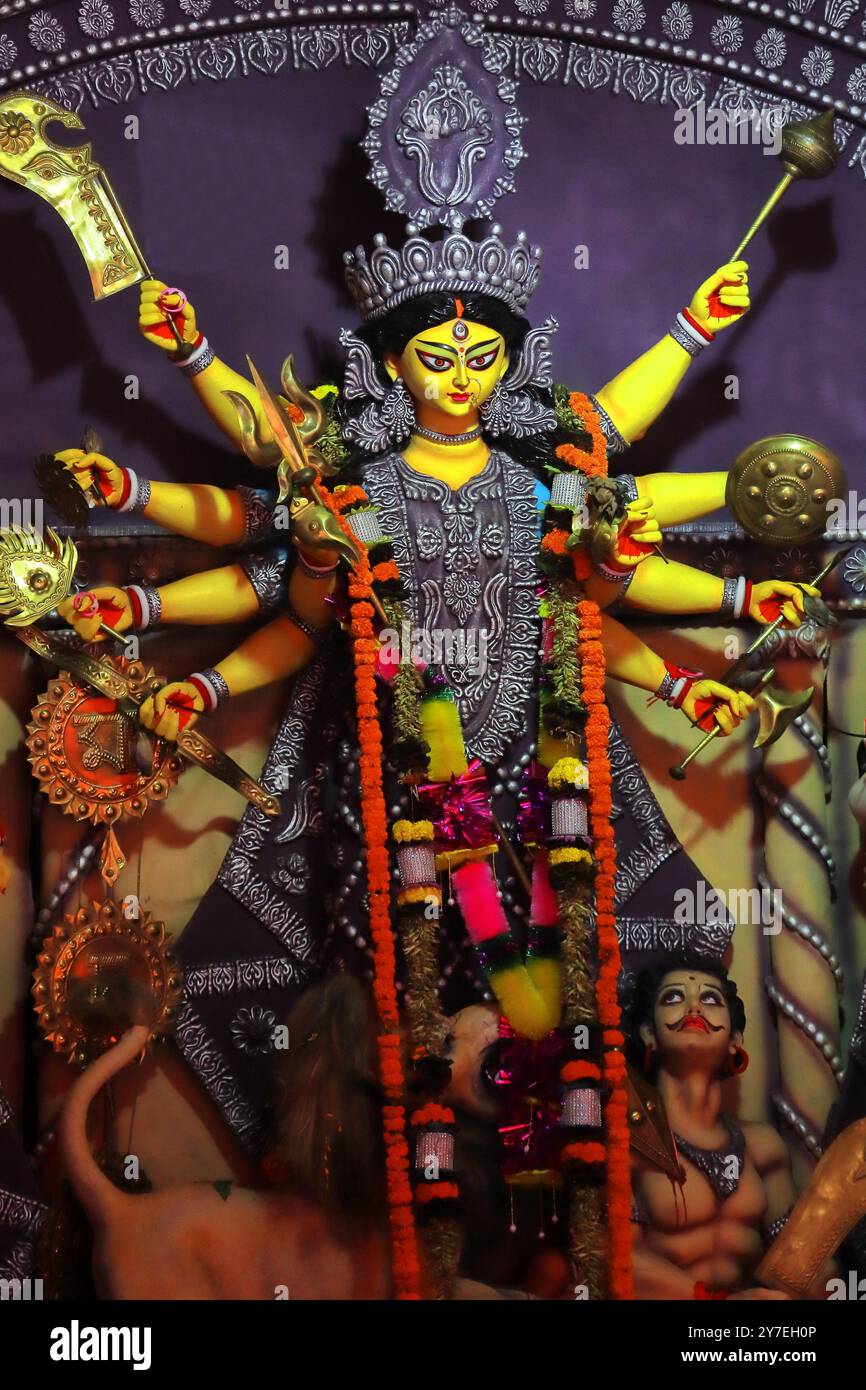 happy durga puja, idol of hindu goddess maa durga at puja pandal in ...