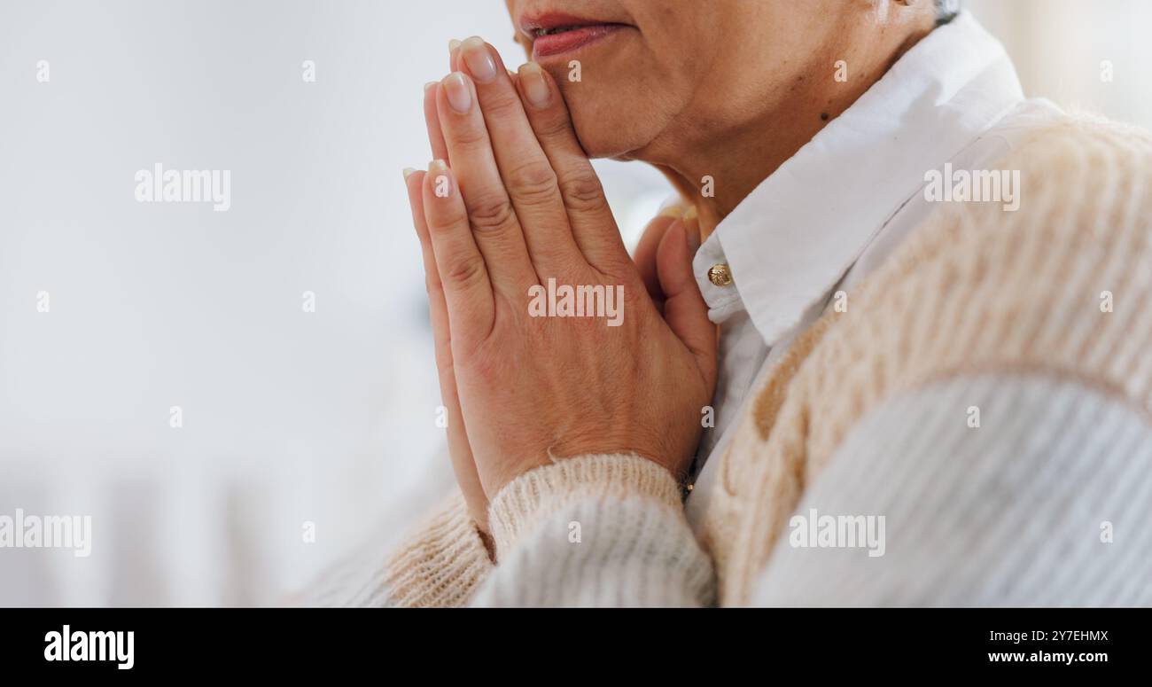 Christian, hands and praying with senior woman in home for religious ...