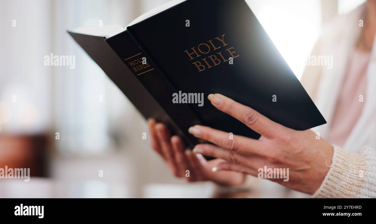 Christian, woman and hands with bible in home for religious healing ...