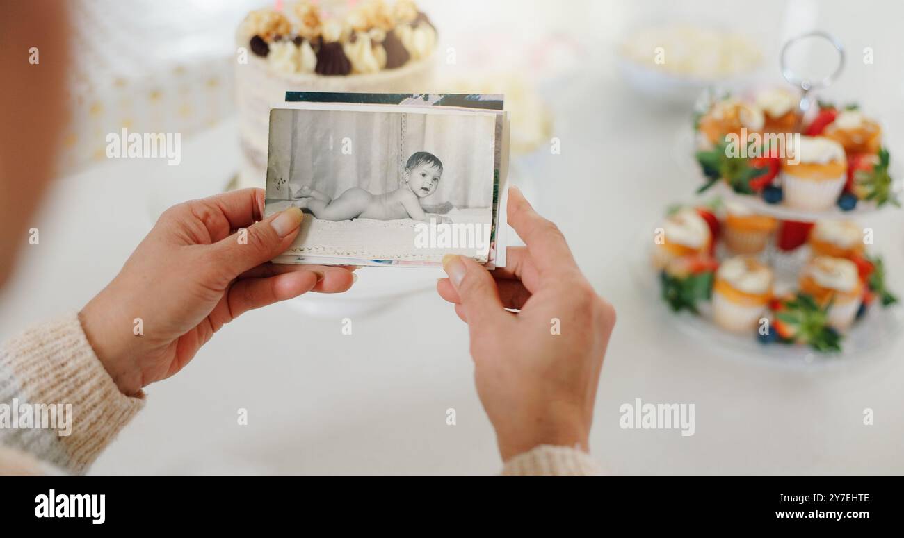 Photograph, memory and hands of person in home for nostalgia ...