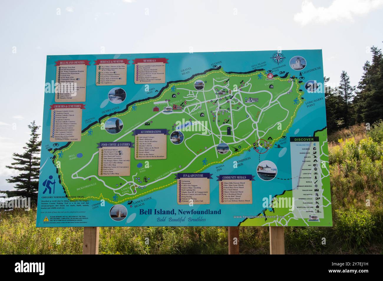 Map sign on Beach Hill at the ferry terminal in Wabana, Bell Island ...