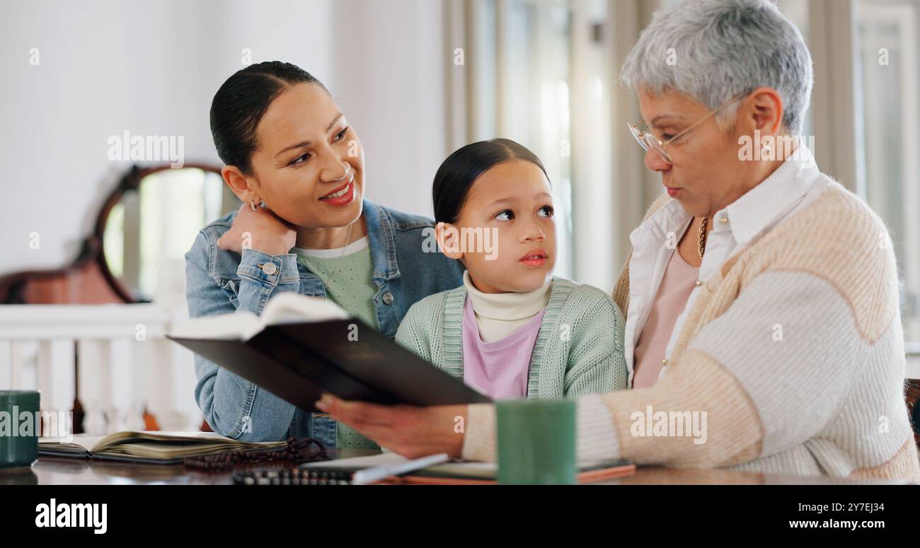 Mom, kid and grandmother with bible in home for generations, worship ...