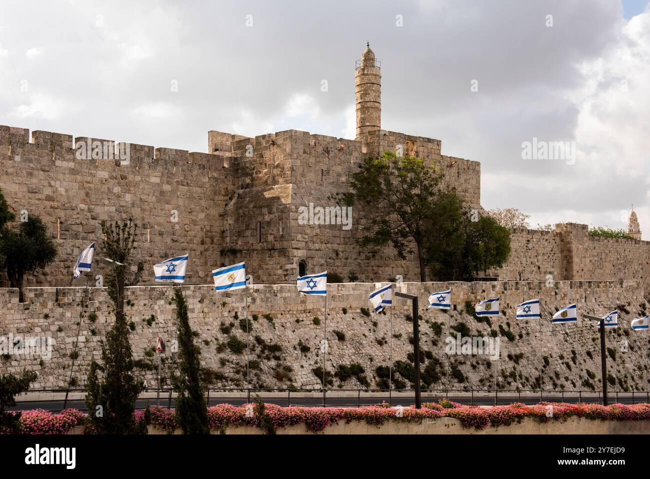 State of Israel and Jerusalem municipality flags and red and pink ...