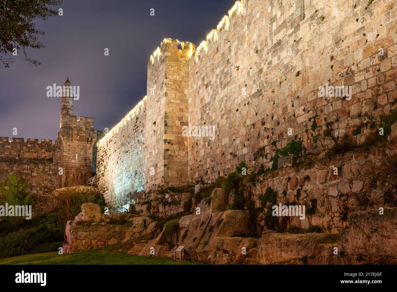 Early evening view of the Tower of David and western expanse of walls ...