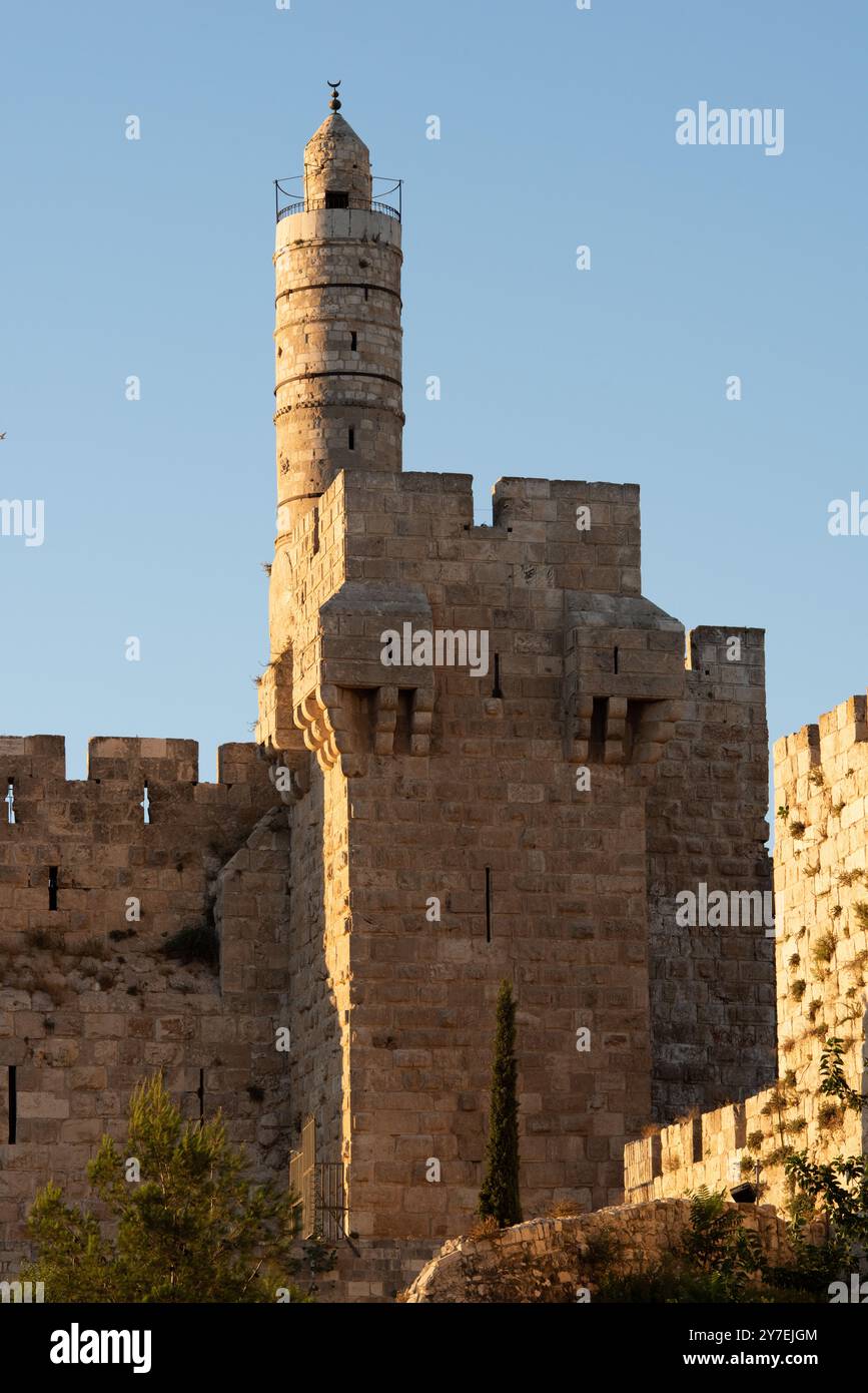 View of the landmark, stone Tower of David and the surrounding walls of ...