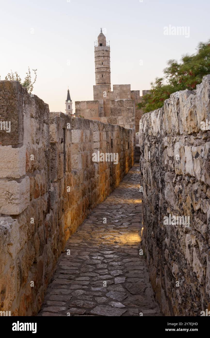 View of the landmark Tower of David citadel from atop the ramparts of ...