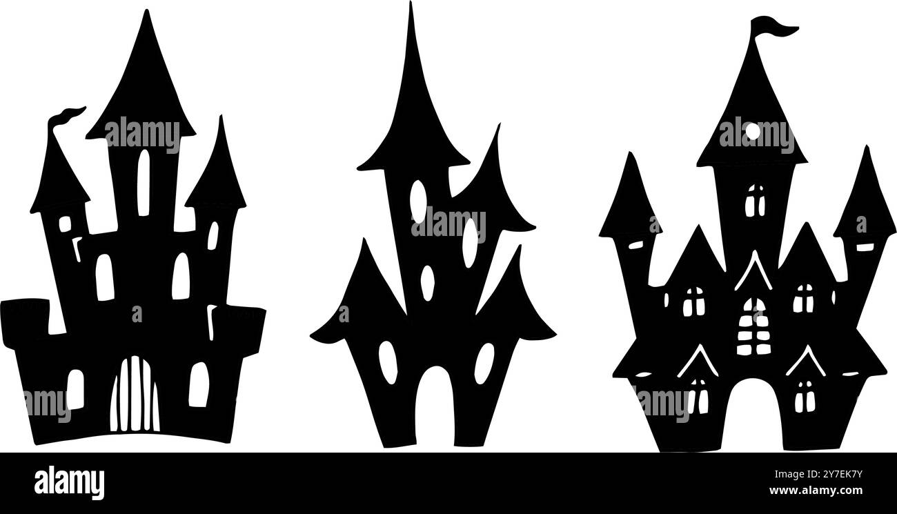 Set of haunted house silhouettes. Black and white outline drawing for ...