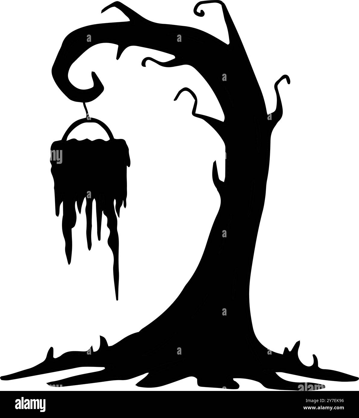 Silhouette of twisted tree with dripping hanging sign. Hand drawn ...