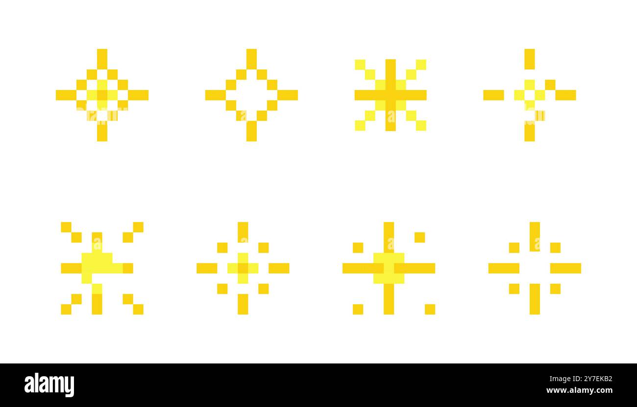 Pixel star retro 8 bit sparkle set. Shiny game pixel art effect set. Firework burst, space ...