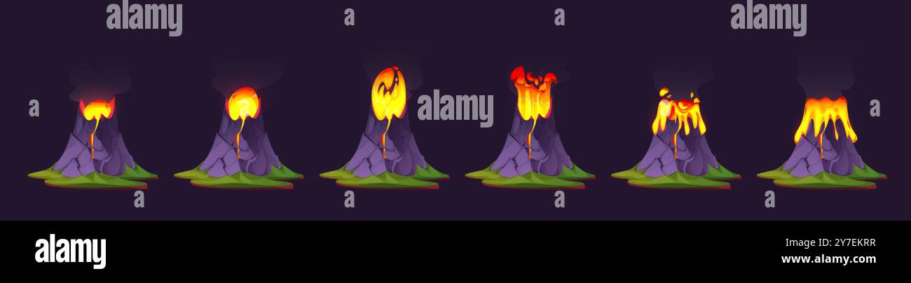 Volcano eruption animation set isolated on black background. Vector ...