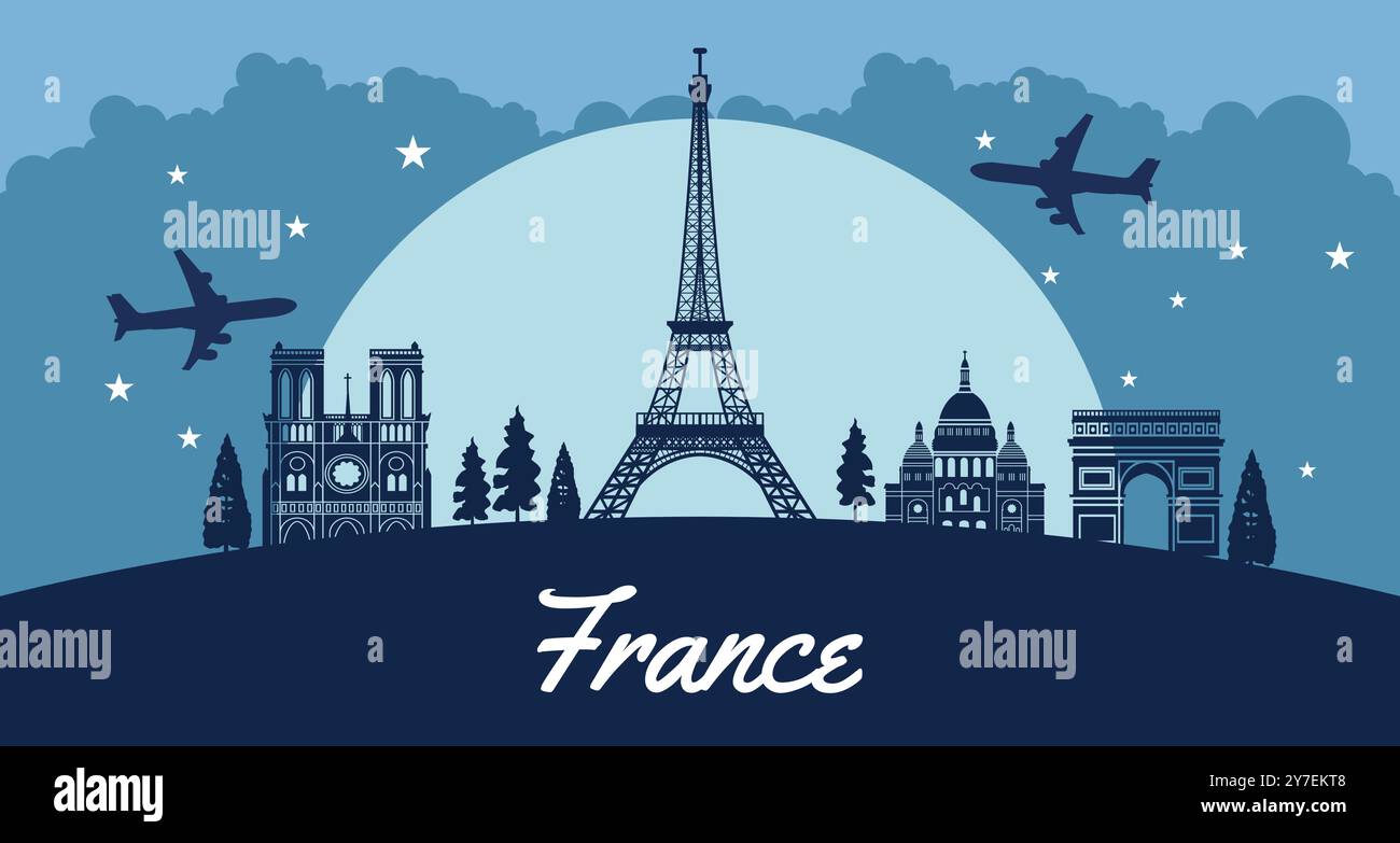 stars night of landmarks of france with silhouette design,vector ...