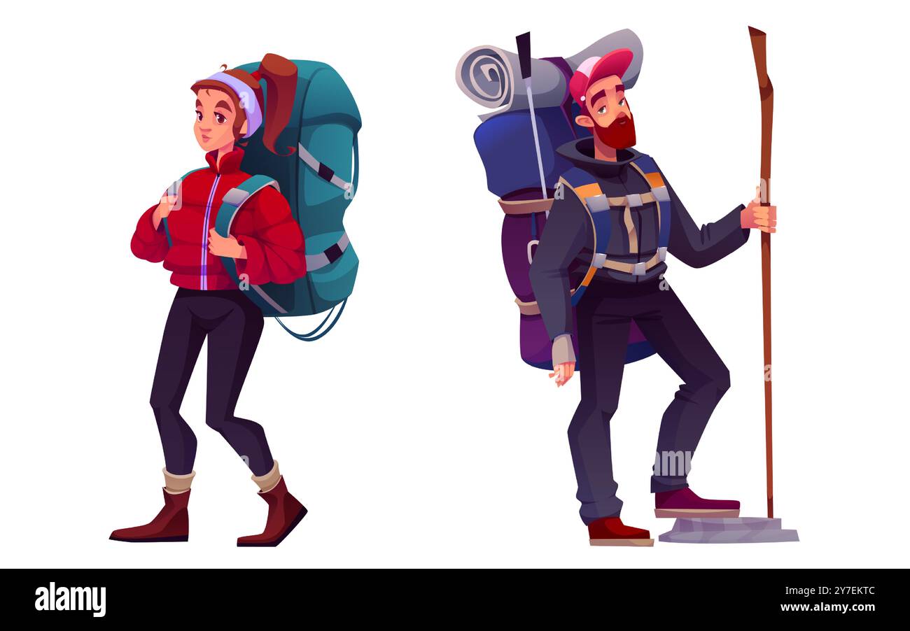 Backpackers set isolated on white background. Vector cartoon ...