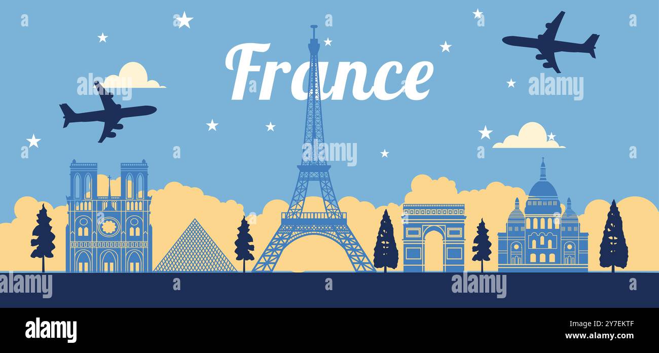 stars night of landmarks of france with silhouette design,vector ...