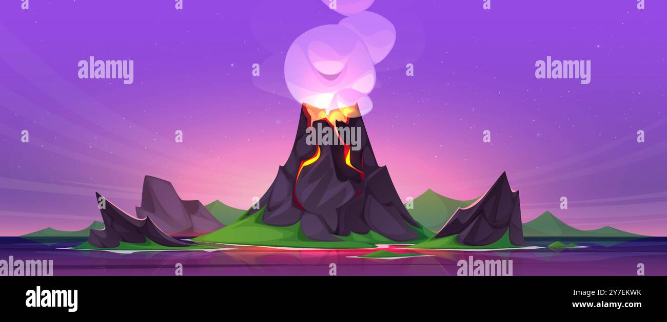 Sunset or sunrise landscape with volcano erupt on island in sea or ...