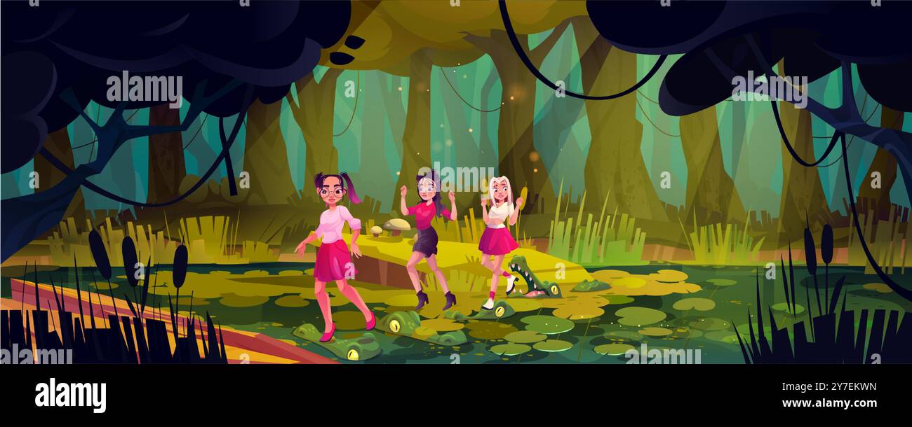 Teen girls running from dangerous crocodiles in rainforest swamp ...