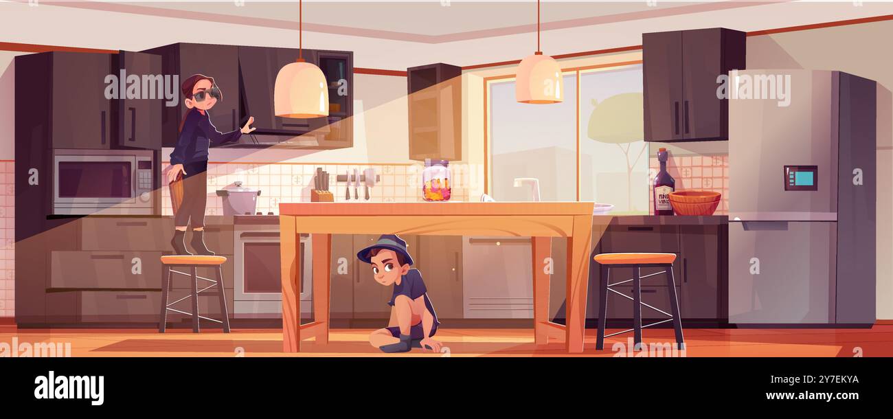 Children looking for sweets in kitchen. Vector cartoon illustration of ...